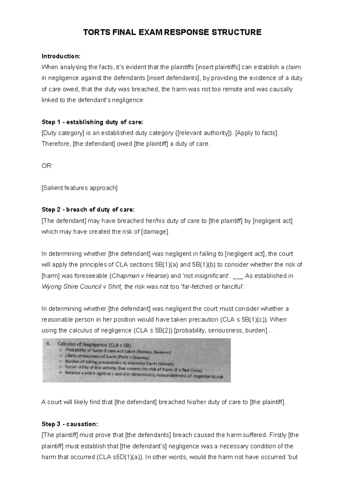 Final exam scaffolds - TORTS FINAL EXAM RESPONSE STRUCTURE Introduction ...