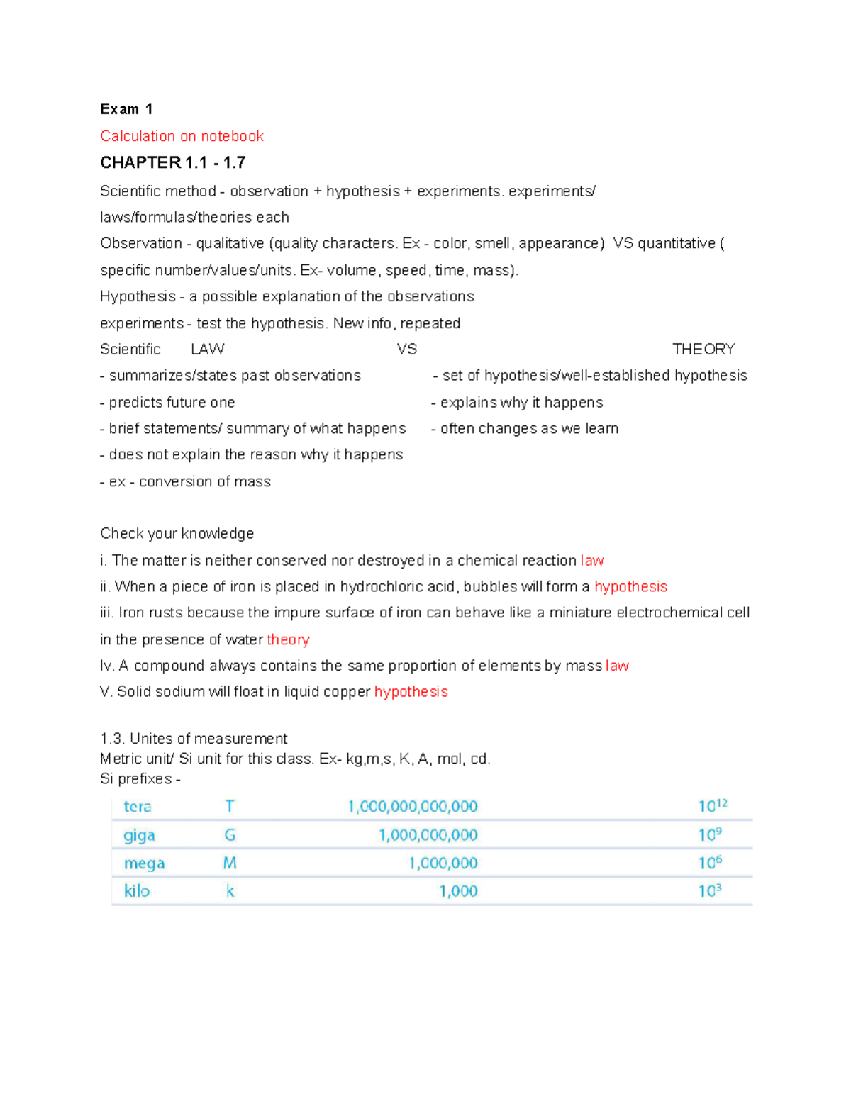 Chem note - summary of whole semester - Exam 1 Calculation on notebook ...