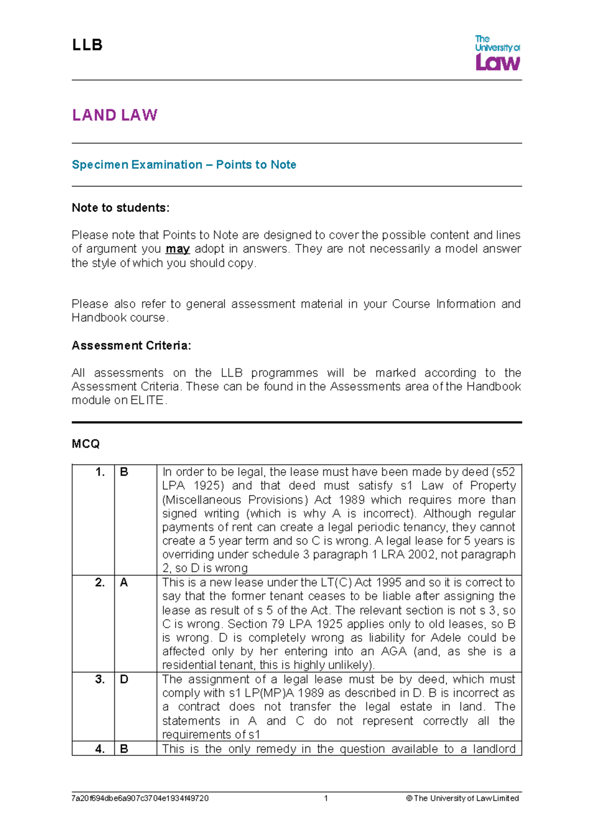 LAND Specimen Points TO NOTE - LAND LAW Specimen Examination – Points ...