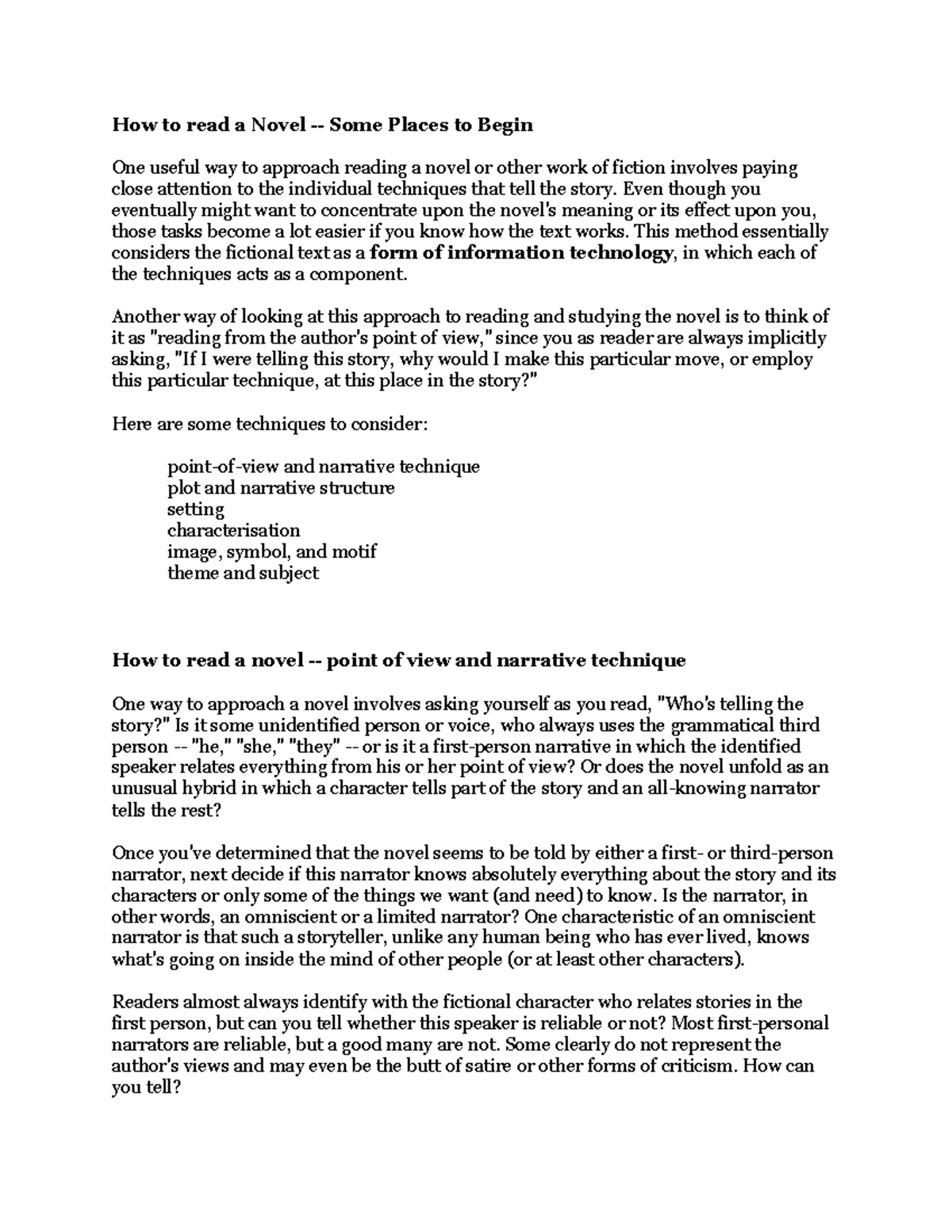 101novel - How to read a Novel - Some Places to Begin One useful way to ...