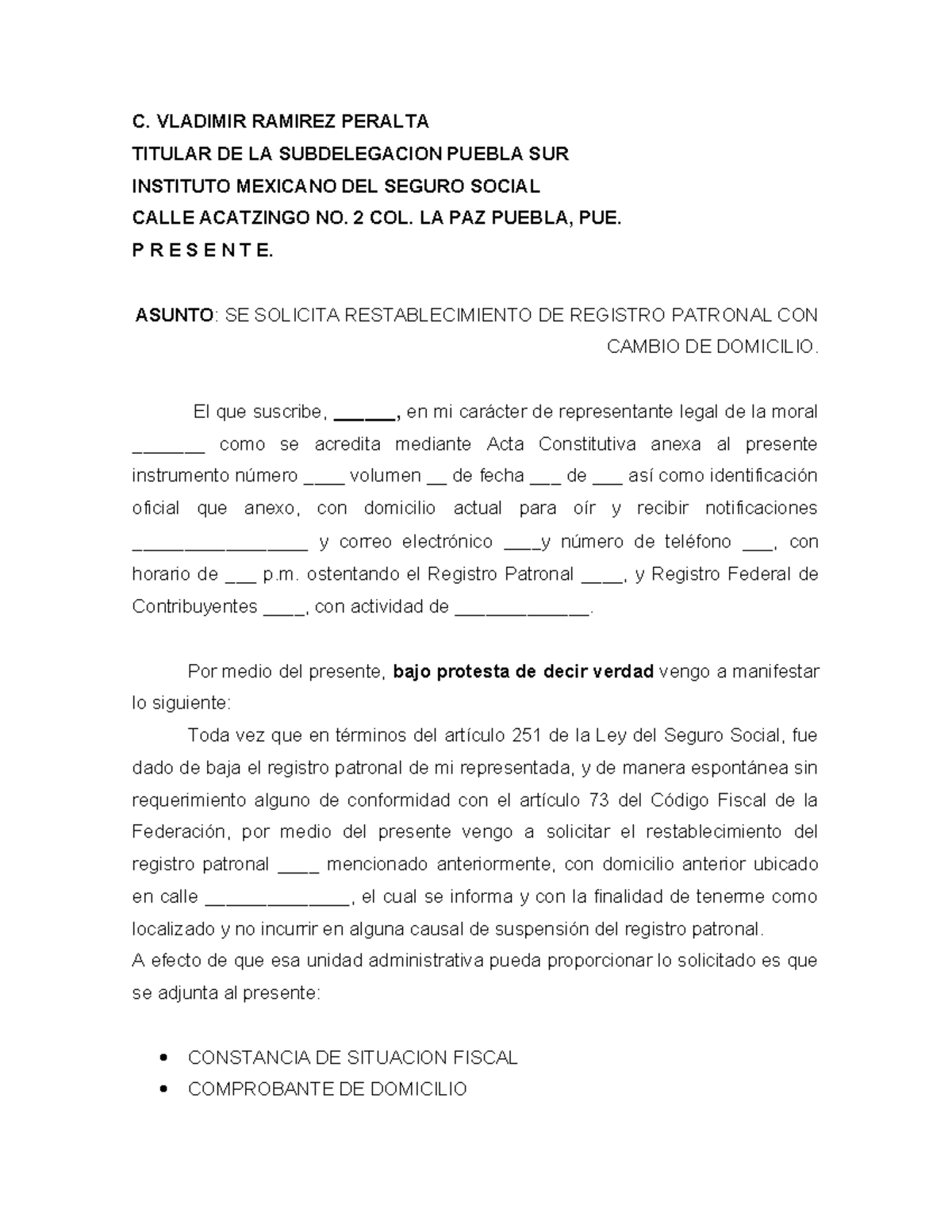 Formato Restablecimiento DE Registro Patronal - C. VLADIMIR RAMIREZ ...