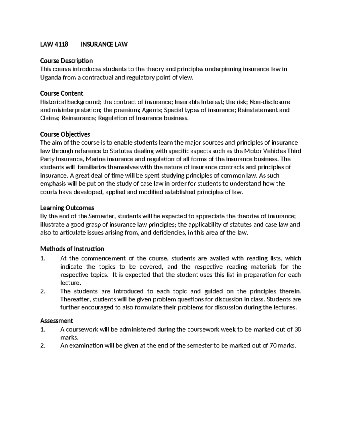 LAW 4118 Insurance LAW - MUST READ - LAW 4118 INSURANCE LAW Course ...