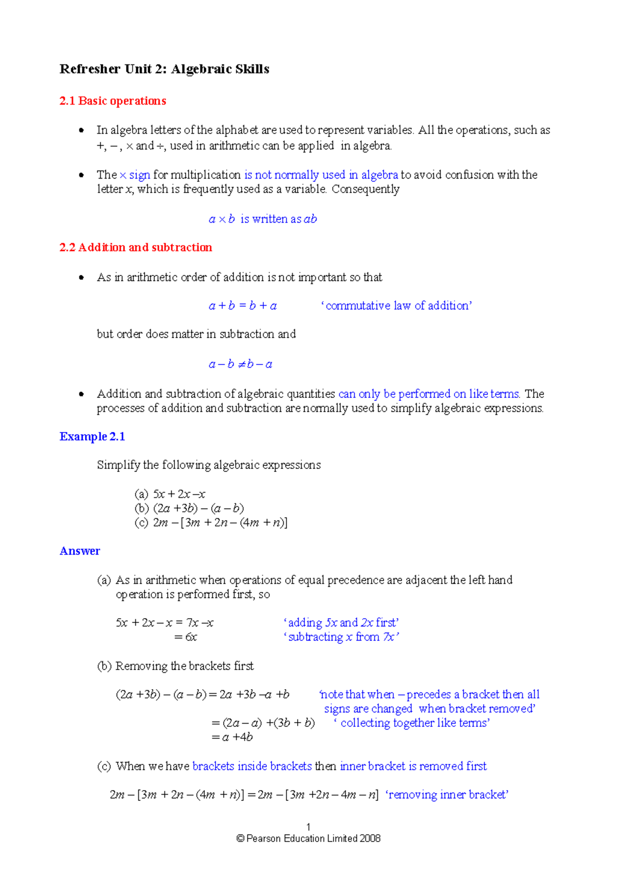 Week1 Material 2 - 1 Refresher Unit 2: Algebraic Skills 2 Basic ...