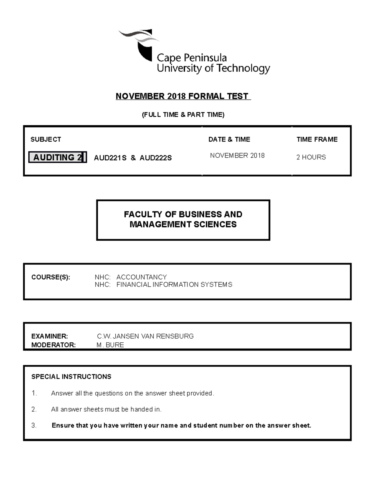 2018 November Auditing 2 Formal TEST - NOVEMBER 2018 FORMAL TEST (FULL ...