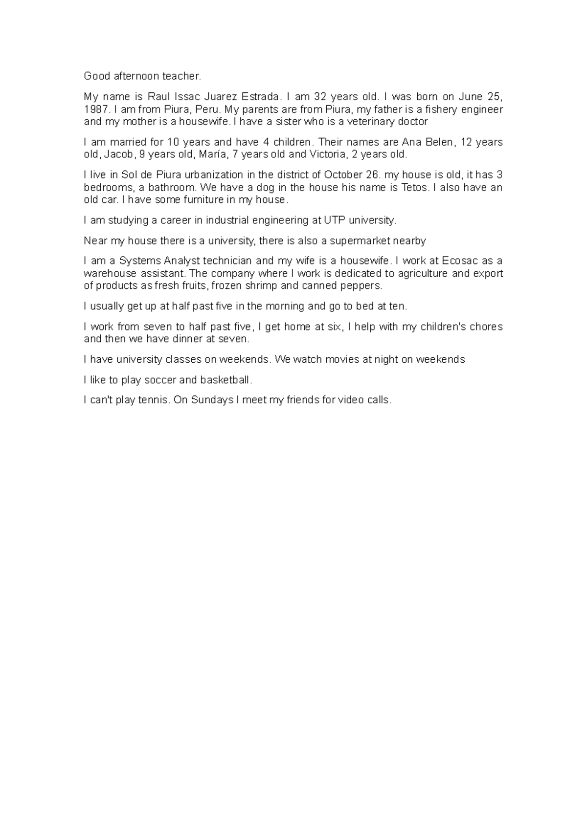 Trabajo final - Good afternoon teacher. My name is Raul Issac Juarez ...