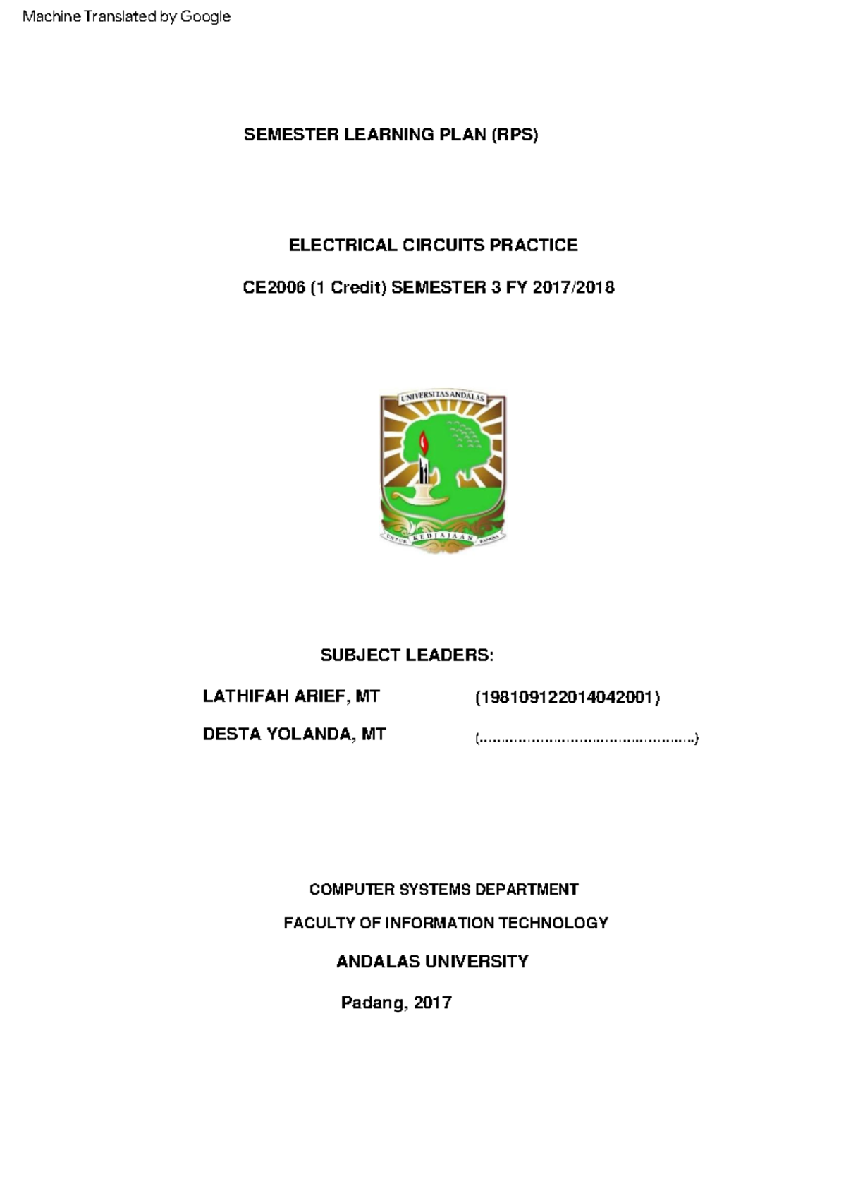 Semester learning plan Praktikum Rangkaian Listrik - ELECTRICAL ...