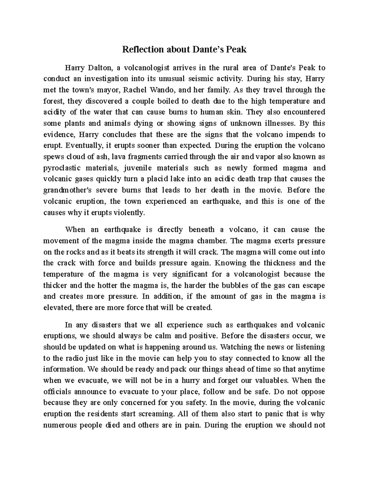 Reflection about Dante's Peak - Reflection about Dante’s Peak Harry ...