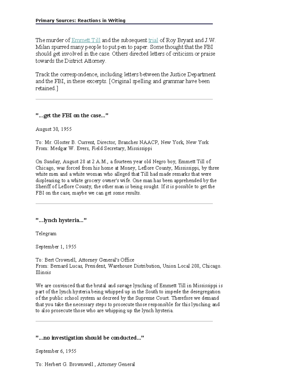 Emmett-Till-Primary-Sources - Primary Sources: Reactions in Writing The ...
