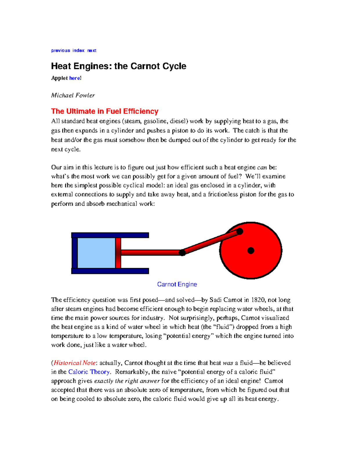 Carnot Engine - previous index next Heat Engines: the Carnot Cycle ...