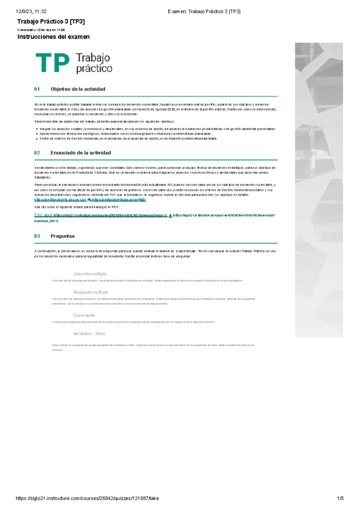 Examen Trabajo Práctico 3 [TP3].pdf Gestión Ambiental - Trabajo Práctico 3 [TP3] Comenzado: 12 ...