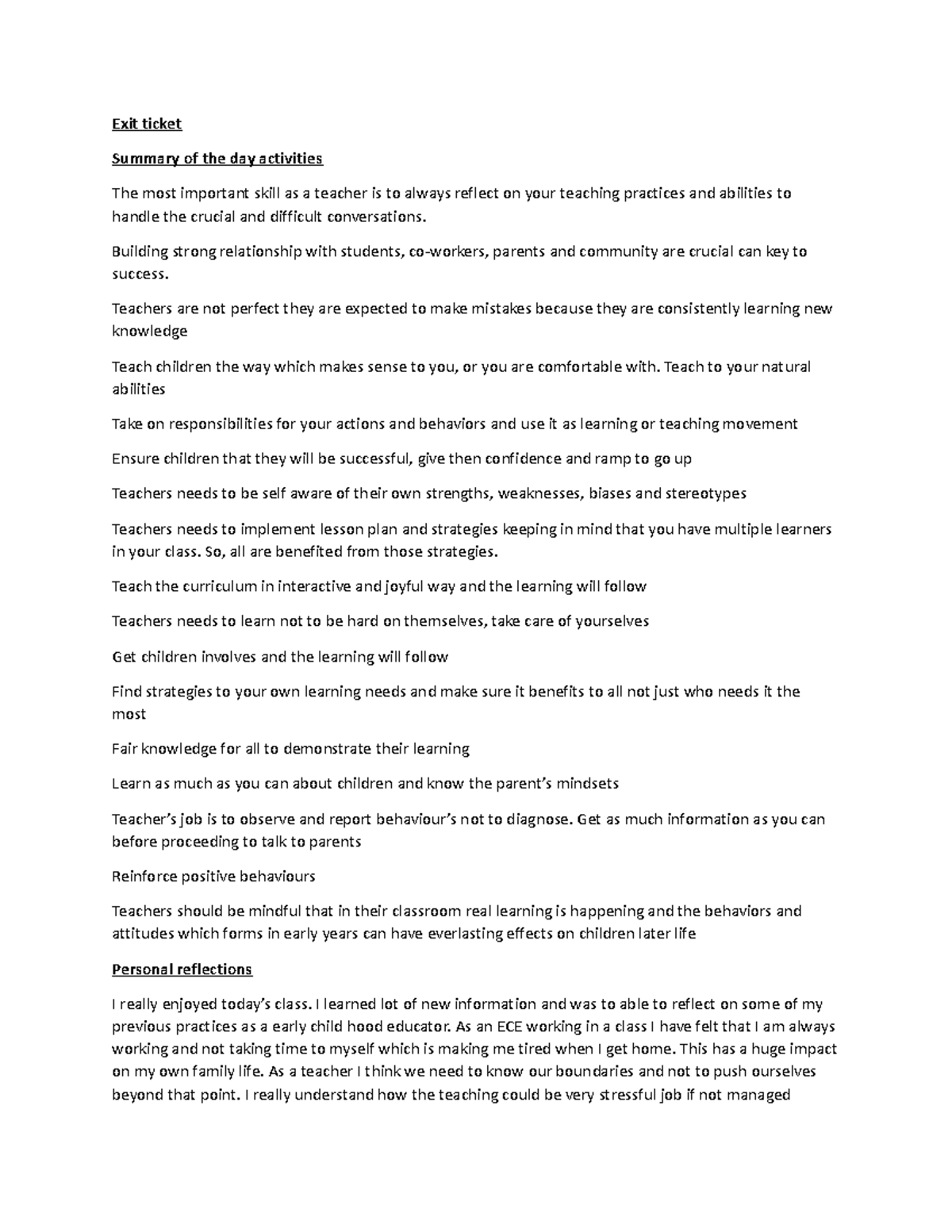 Exit ticket 4 - assessment - Exit ticket Summary of the day activities ...