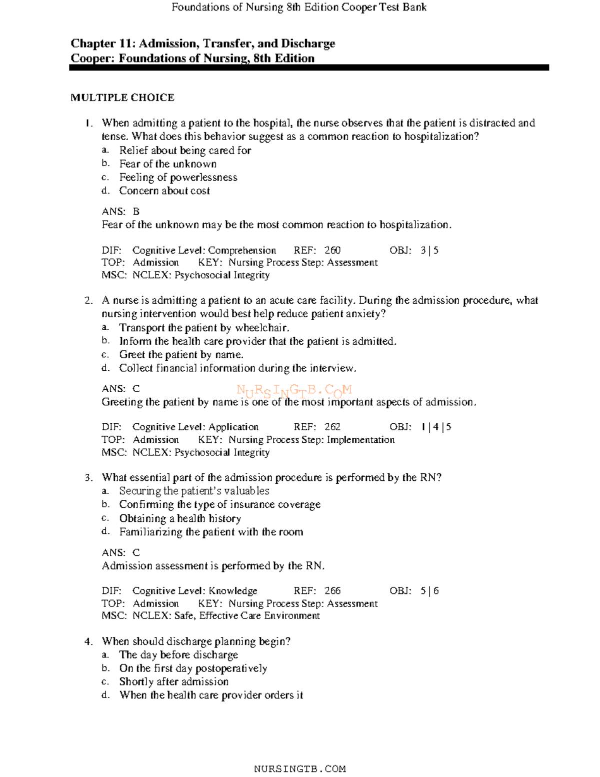 Chapter 11 - 2023 - NURSINGTB Chapter 11: Admission, Transfer, and ...