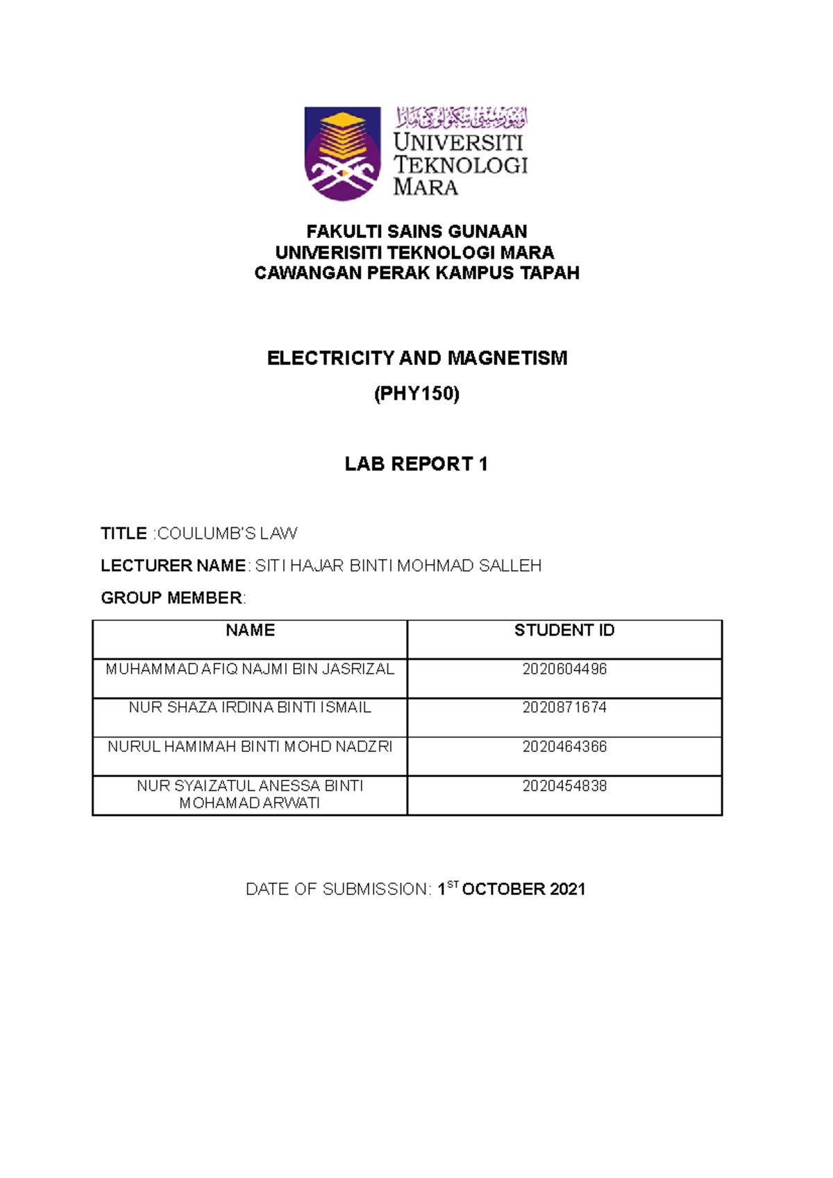 LAB Report PHY150 - others - FAKULTI SAINS GUNAAN UNIVERISITI TEKNOLOGI ...
