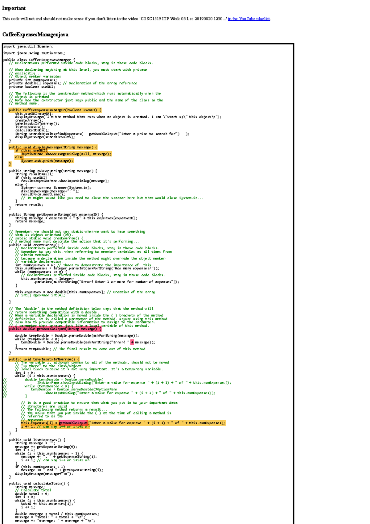 Lecture 6 - OO Part B - Code - Important This code will not and should ...