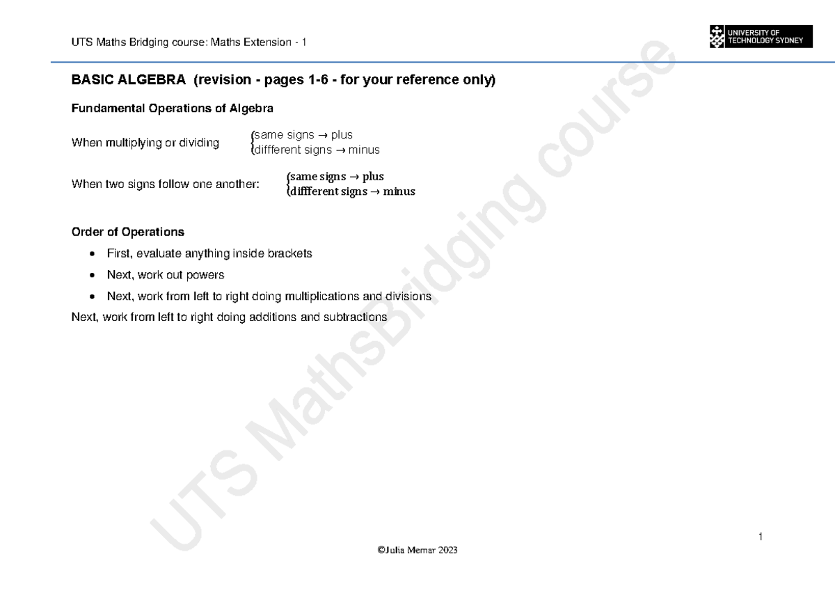 Day 1 Linear & Quad Func + Eqns - 1 BASIC ALGEBRA (revision - pages 1 ...