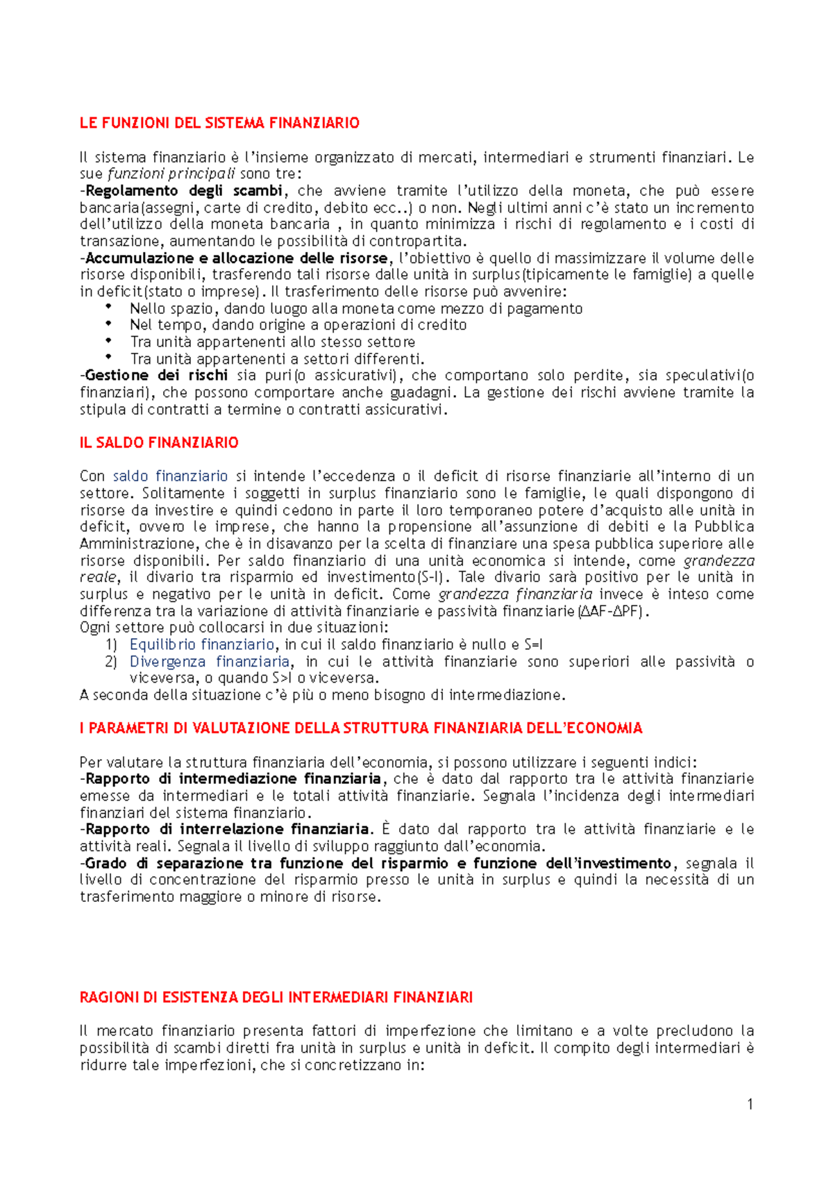 Domande esame EIF - LE FUNZIONI DEL SISTEMA FINANZIARIO Il sistema ...