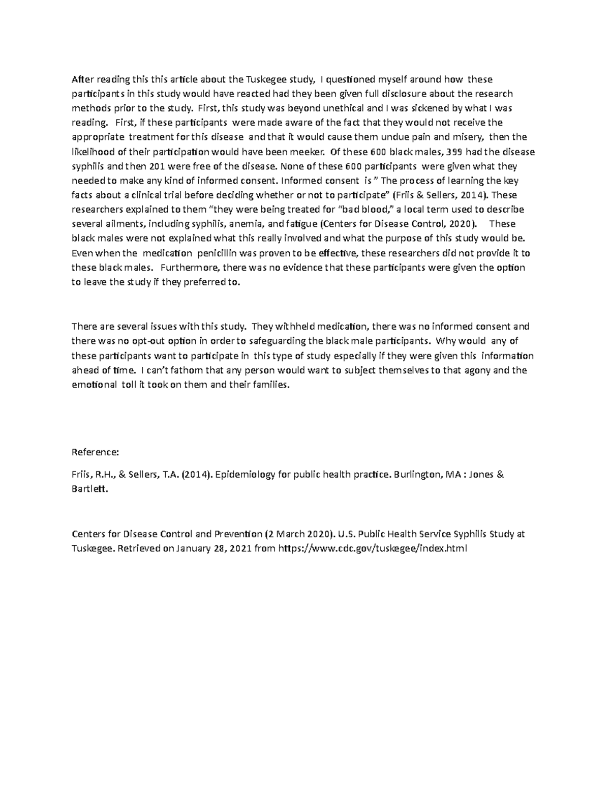 Week 8 Tuskegee study - After reading this this article about the ...