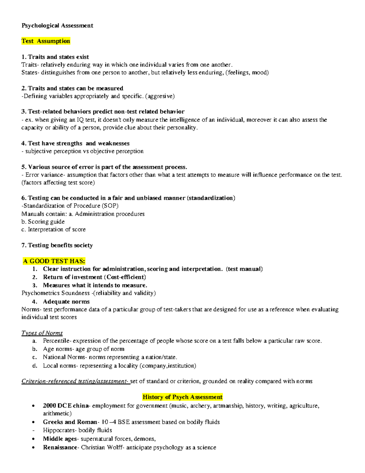 Psychological test assumption and history of psych assessment ...