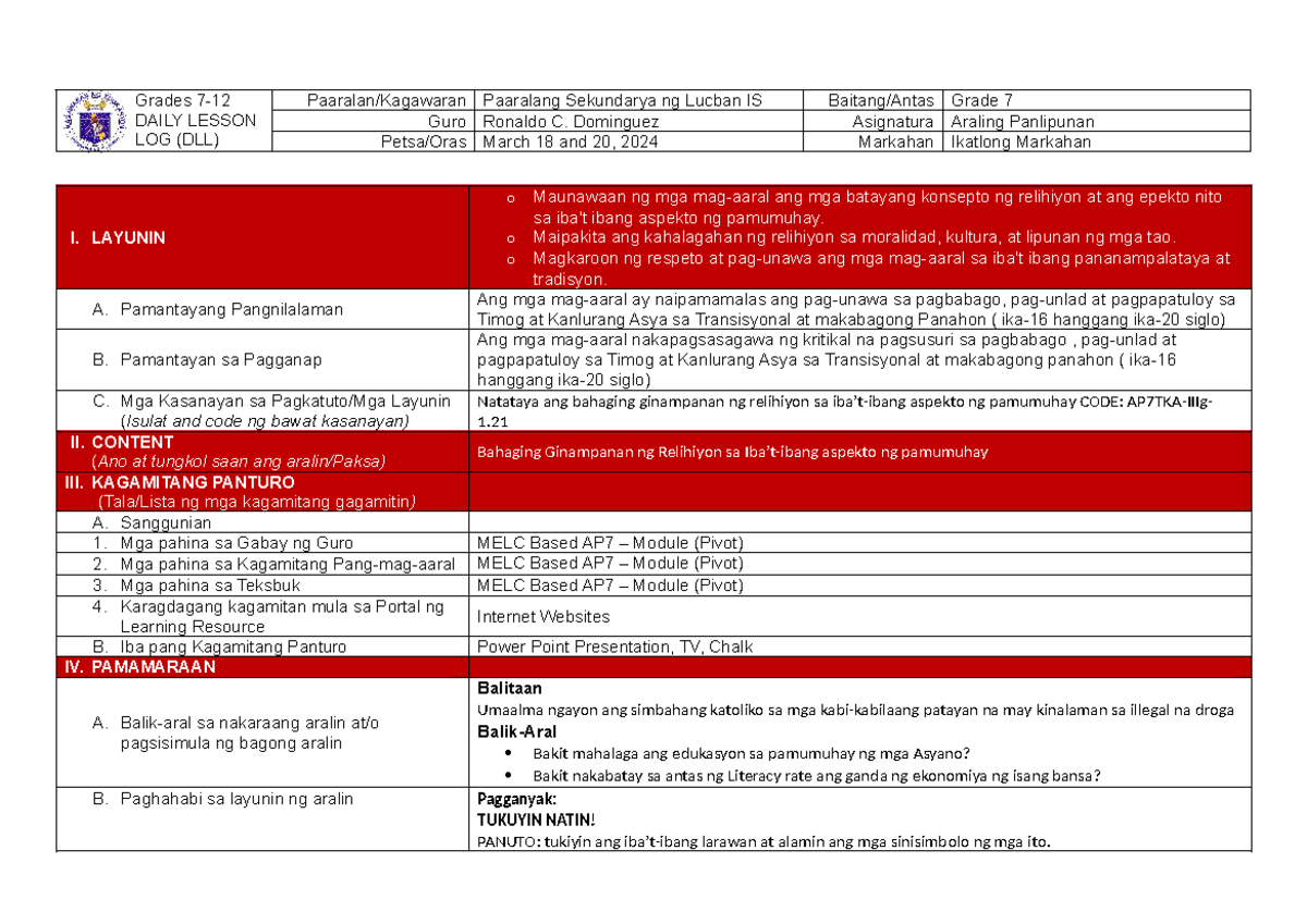 AP7 WEEK 9 -3RD Q - Grades 7- DAILY LESSON LOG (DLL) Paaralan/Kagawaran Paaralang Sekundarya ng ...