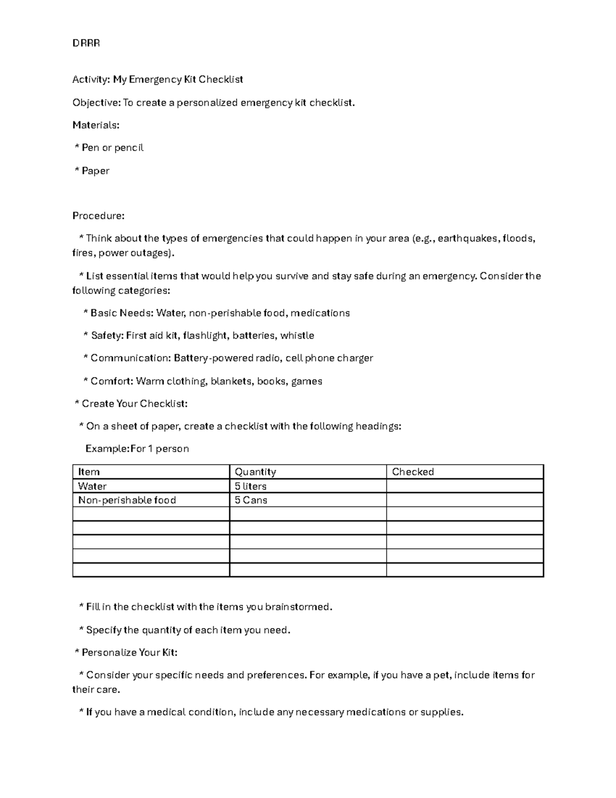 DRRR emergency kit Activity - DRRR Activity: My Emergency Kit Checklist ...