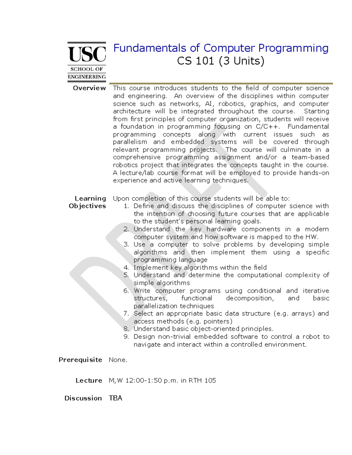 30180 - This is the course outline - Fundamentals of Computer Programming CS 101 (3 Units ...