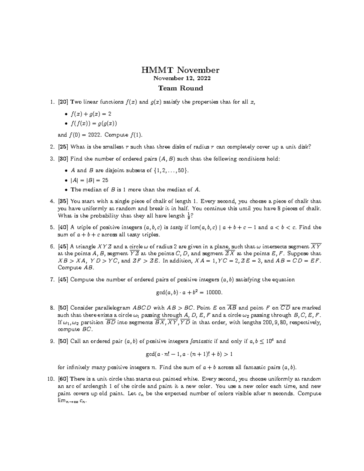 Problems Hmmt November November 12 2022 Team Round [20] Two Linear