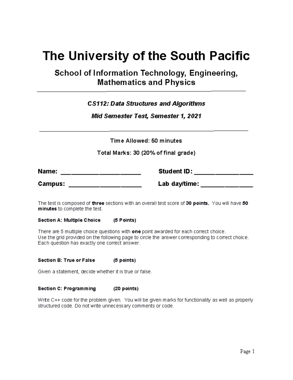 CS112 MST solution - Copy - The University of the South Pacific School ...