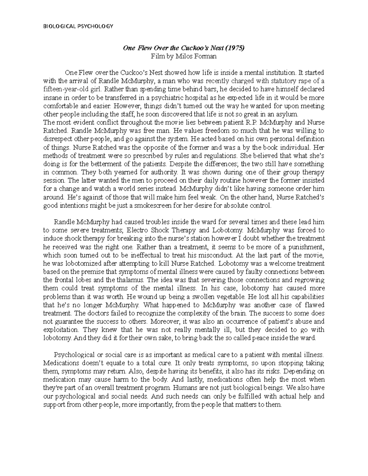 Film Analysis - One Flew Over the Cuckoo's Nest - BIOLOGICAL PSYCHOLOGY ...