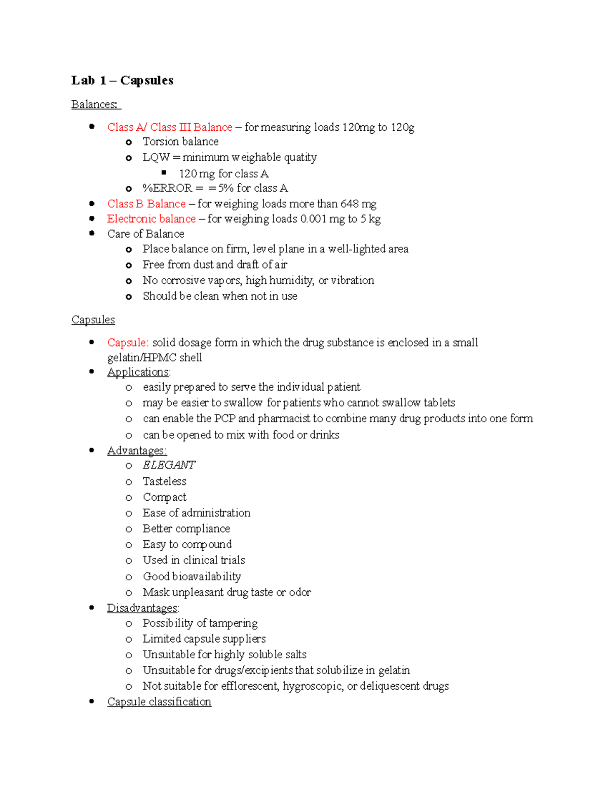 Dosage Form Lab Study Guide - Lab 1 – Capsules Balances : Class A ...