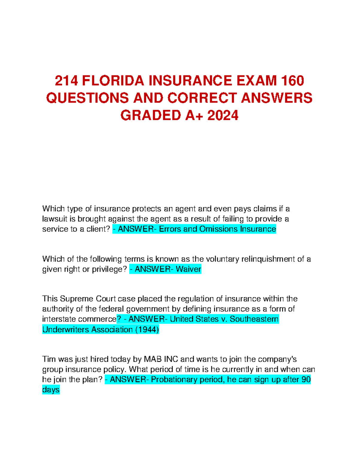 214 Florida Insurance EXAM 160 Questions AND Correct Answers Graded A ...