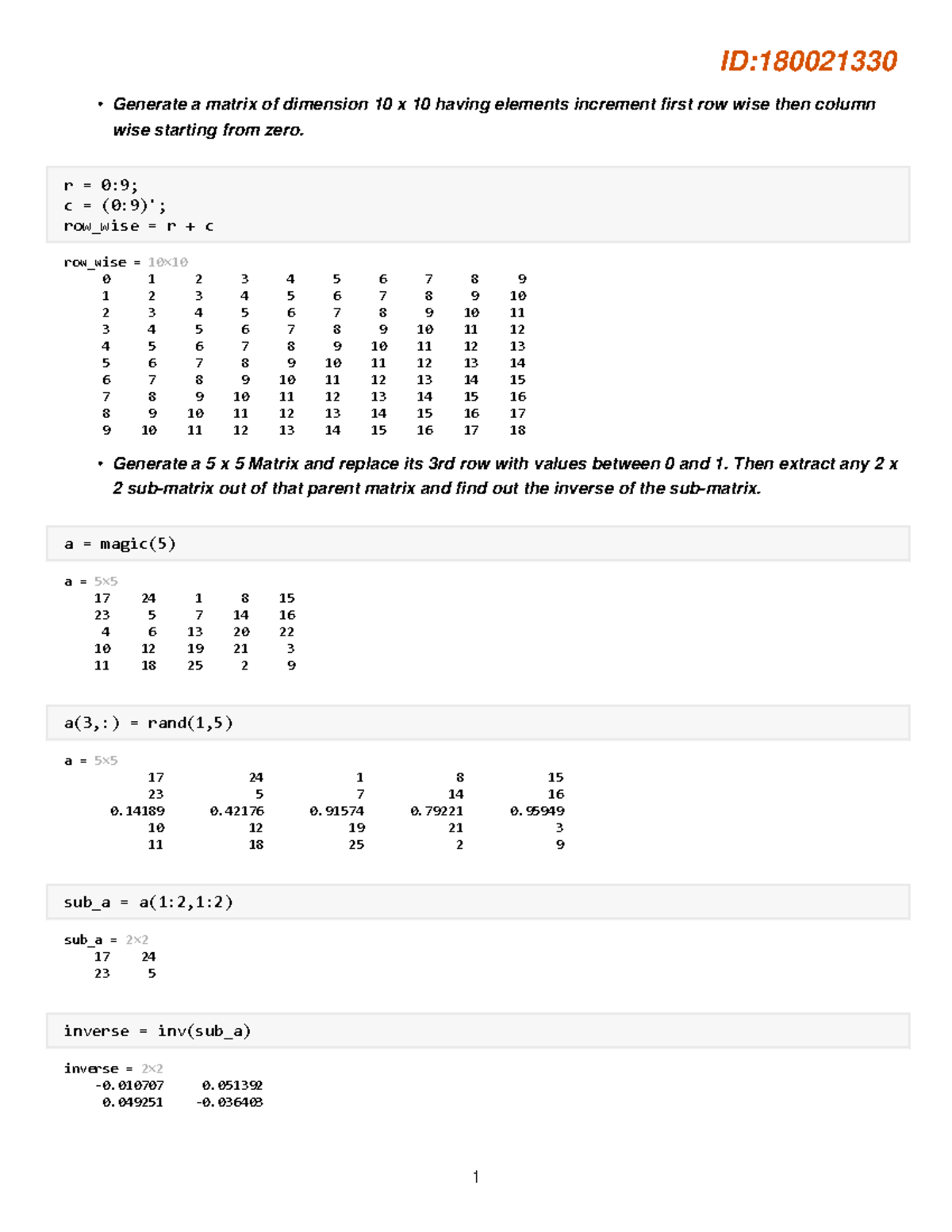 Lab Report 1: Matlab Review - ID: • Generate a matrix of dimension 10 x ...