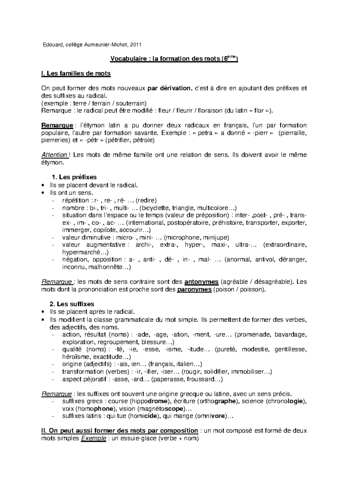 Formation des mots cours prof - Français - Studocu