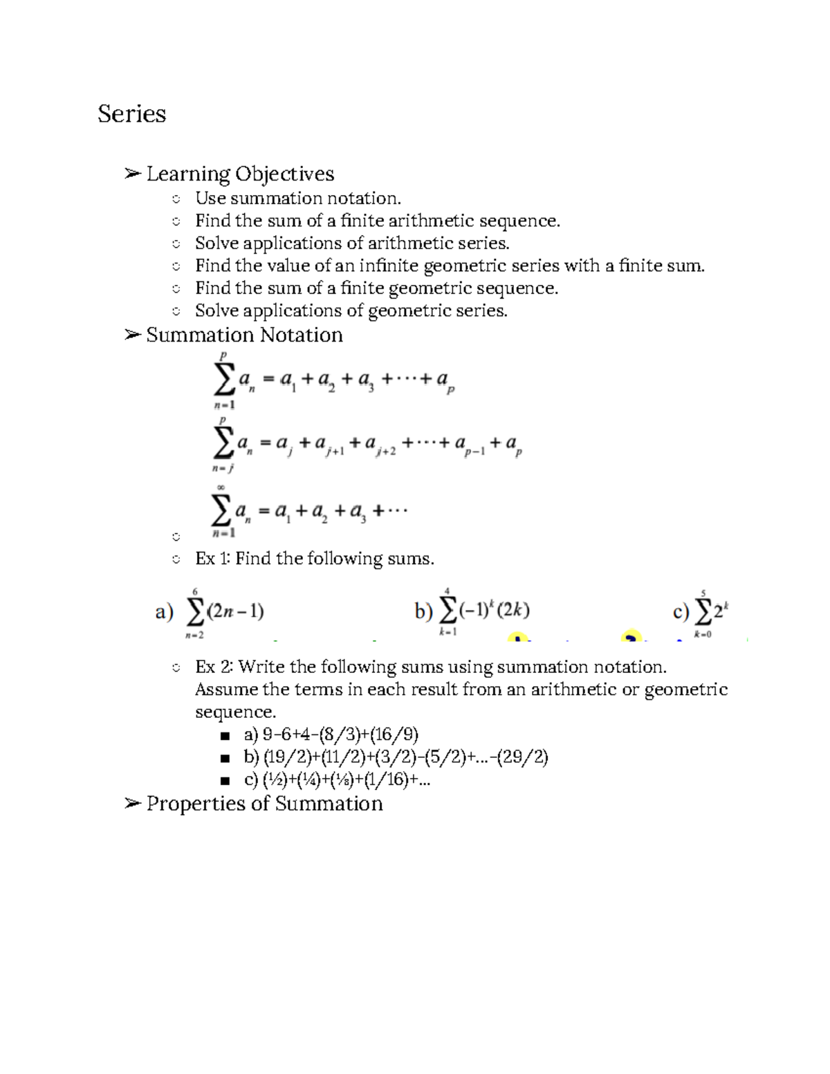 Math 1050 Lecture Notes Class 29 Series Learning Objectives Use Summation Notation Find The