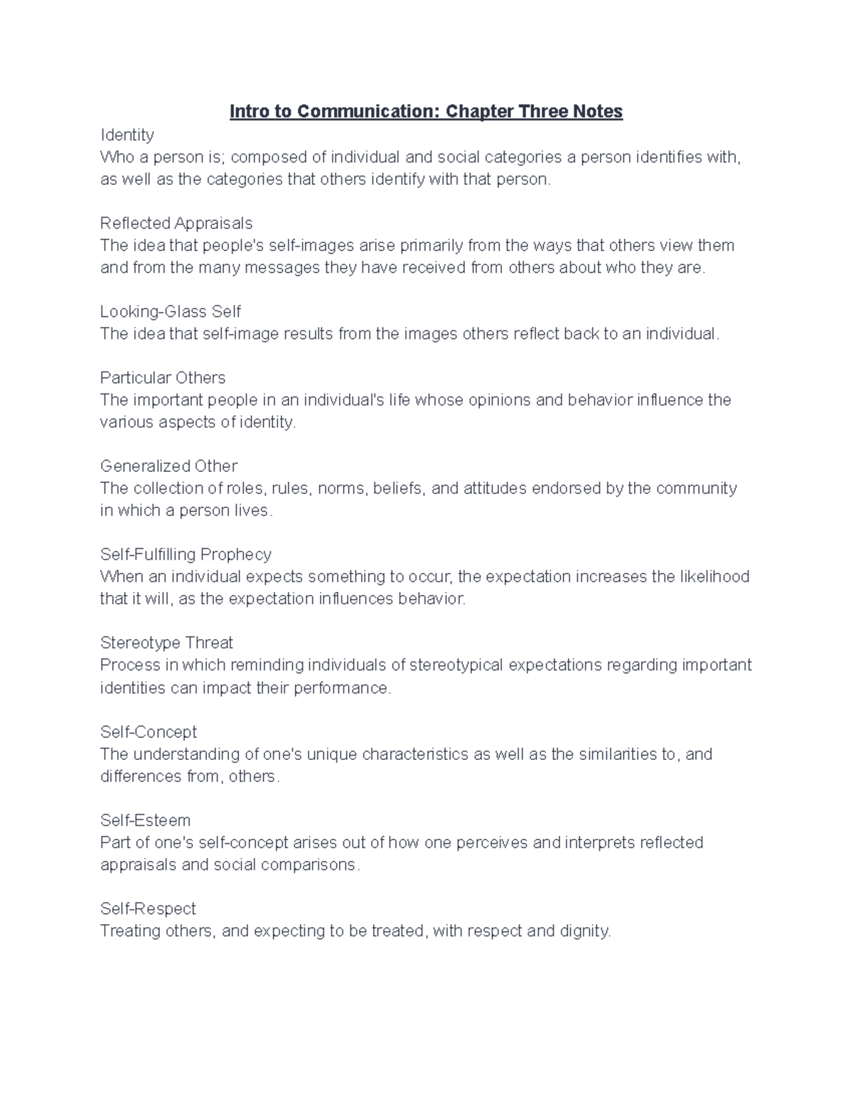 Intro to Communication Chapter 3 - Reflected Appraisals The idea that ...