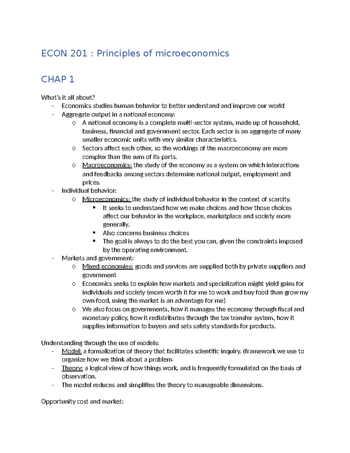 COMM 201 Notes I - ECON 201 : Principles of microeconomics CHAP 1 What ...
