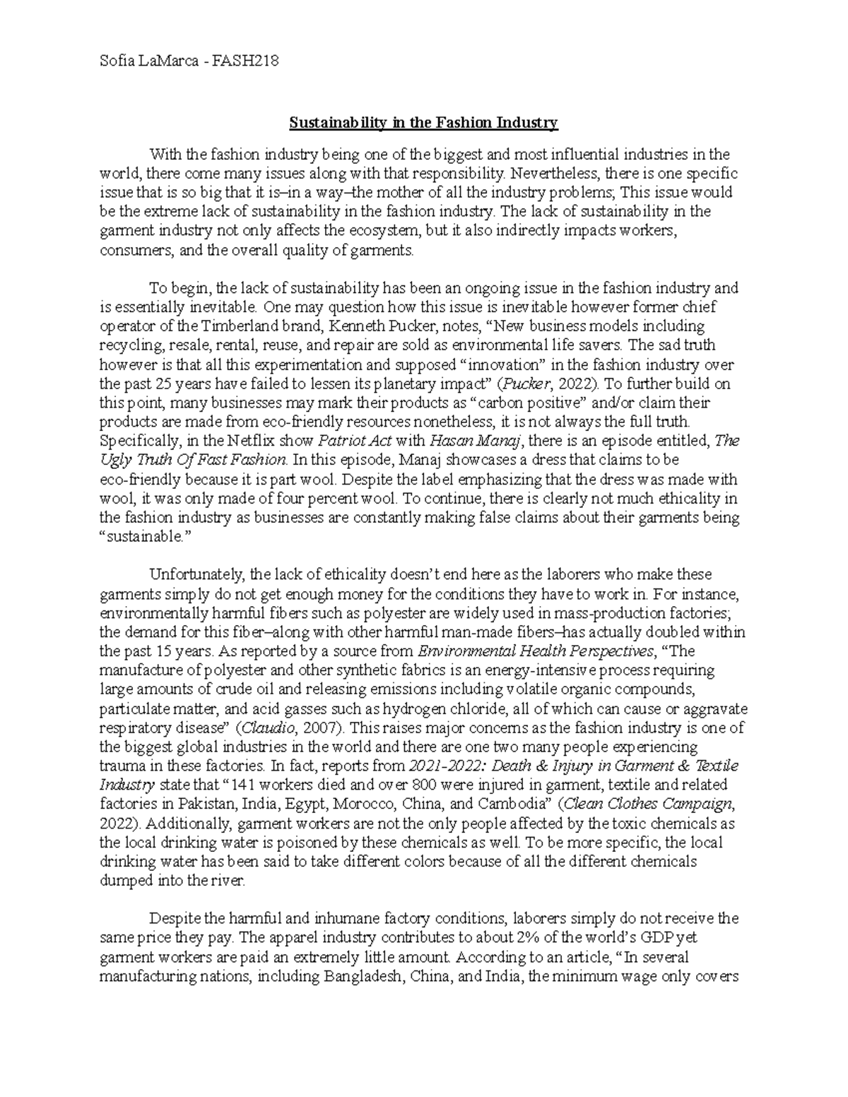 Reading Worksheet #1 - Its a paper - Sustainability in the Fashion ...