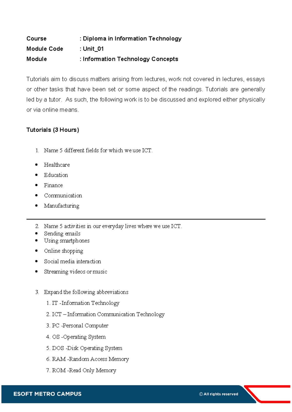 Tutorial 1 - Course : Diploma in Information Technology Module Code ...