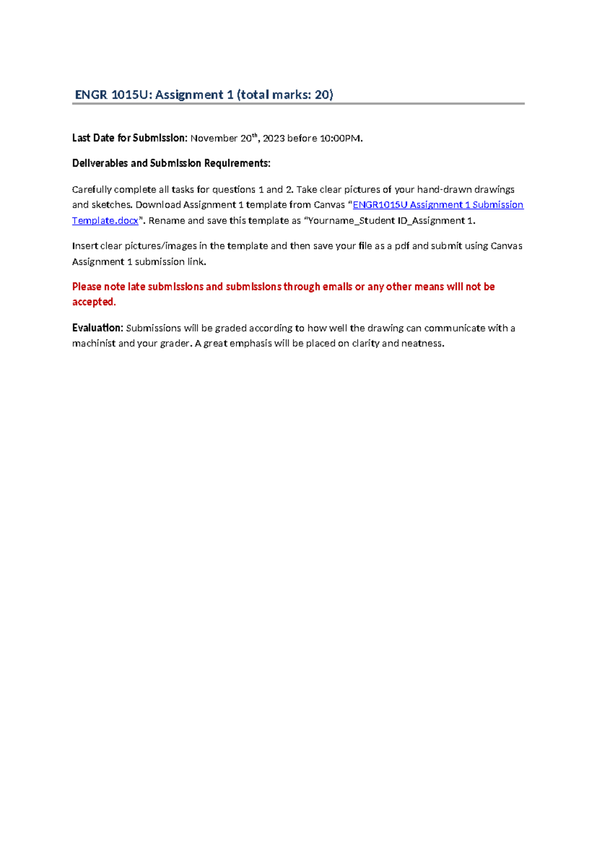 ENGR1015U Assignment 1 Fall 2023 - ENGR 1015U: Assignment 1 (total marks: 20) Last Date for ...
