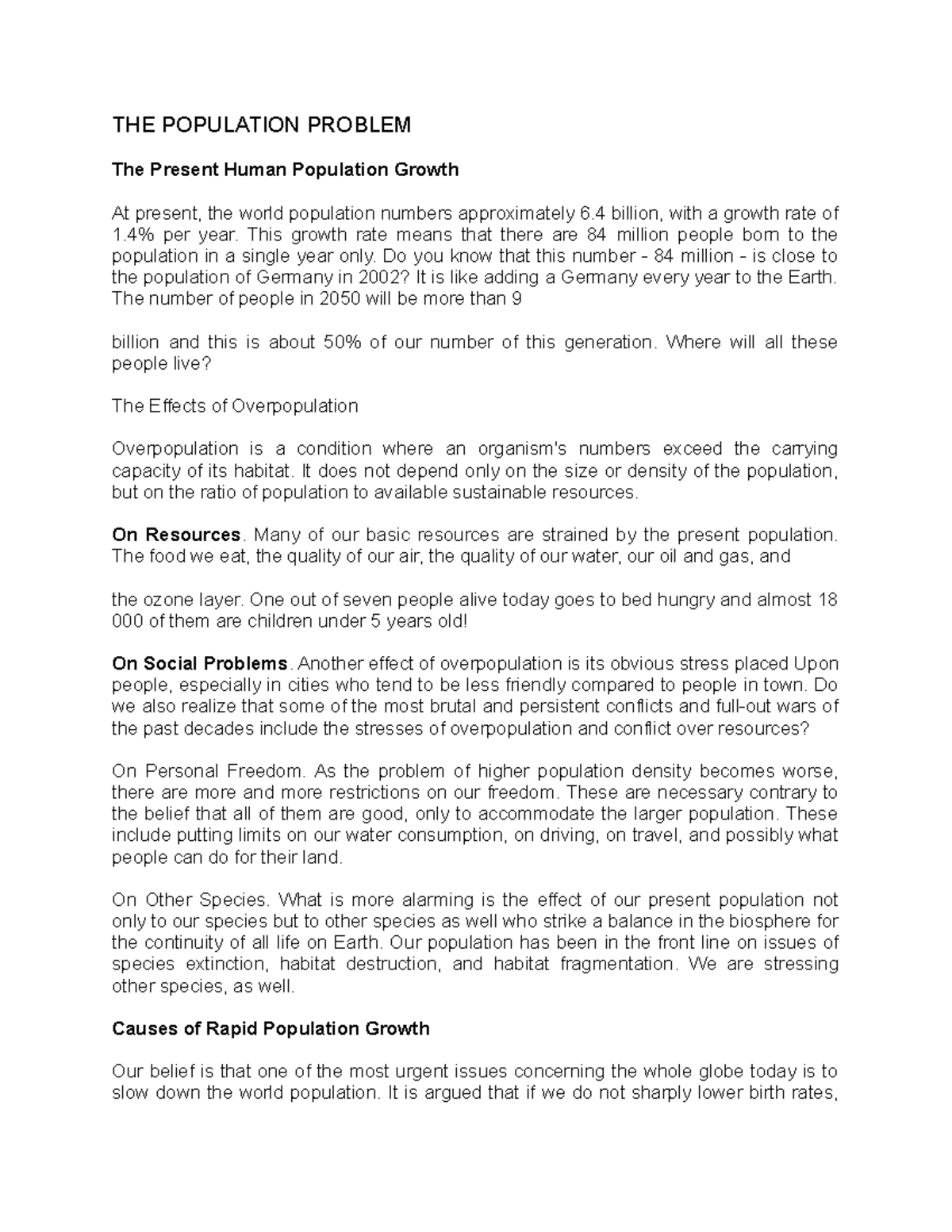 THE Population Problem - THE POPULATION PROBLEM The Present Human ...