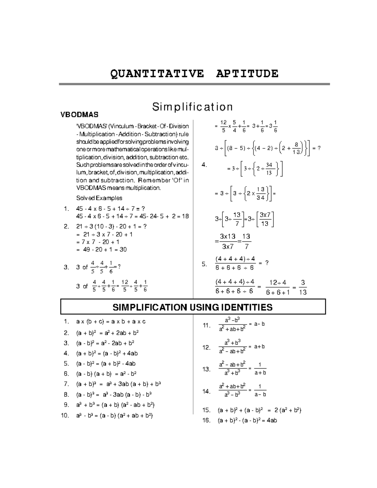 Quantitative aptitude- simplification - VBODMAS 'VBODMAS' (Vinculum ...
