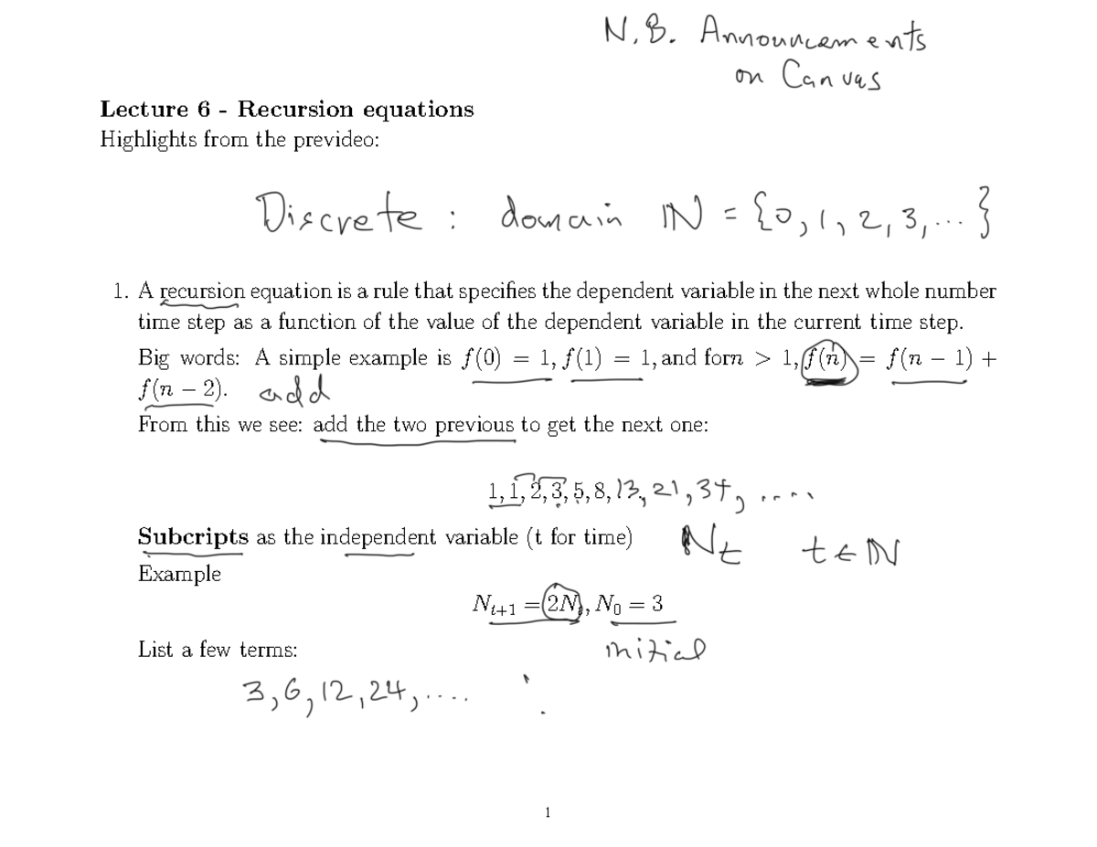 Lecture 6 154 - tom Archibald notes - Lecture 6 - Recursion equations ...