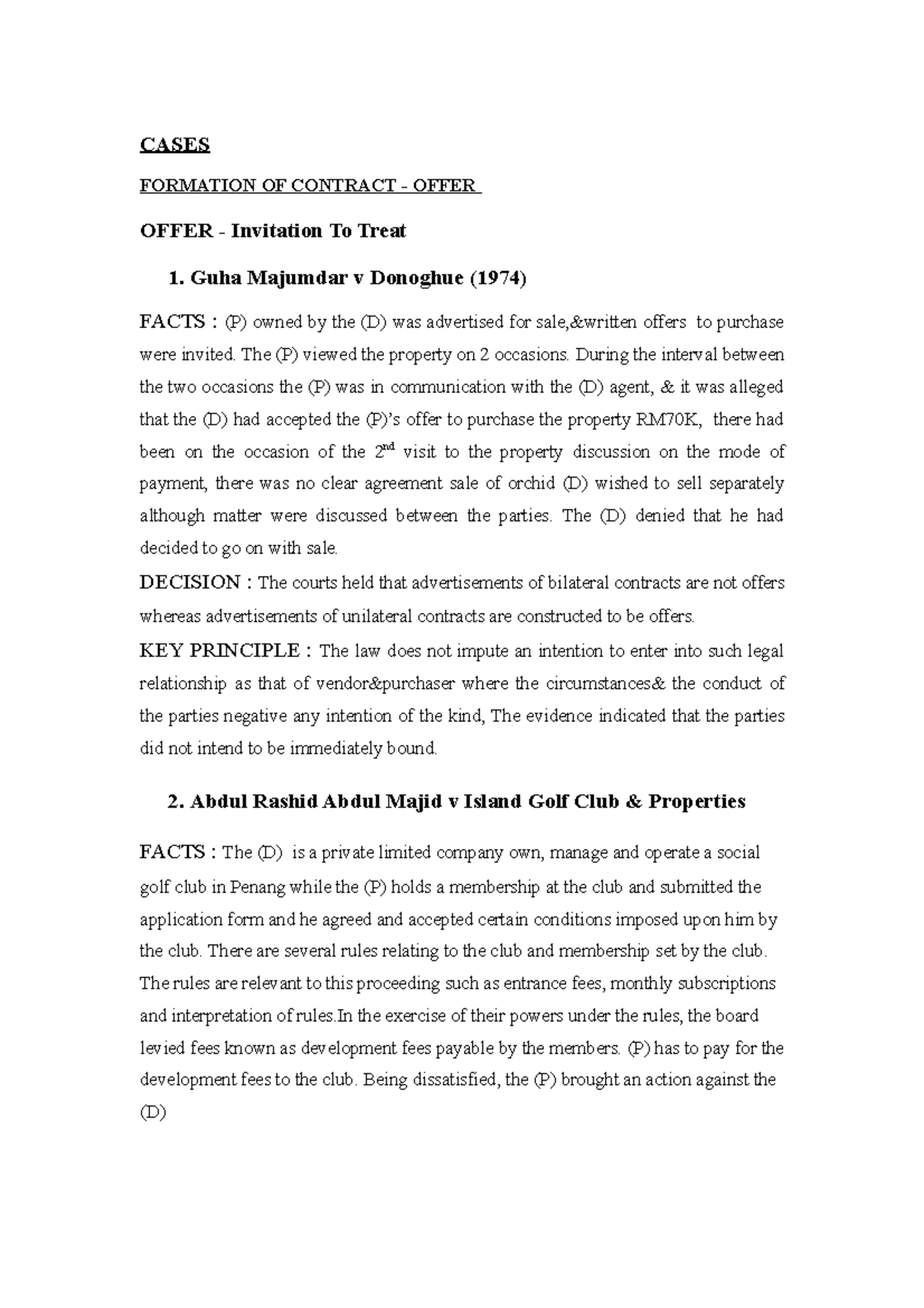 Contract LAW Cases - bac - CASES FORMATION OF CONTRACT - OFFER OFFER ...