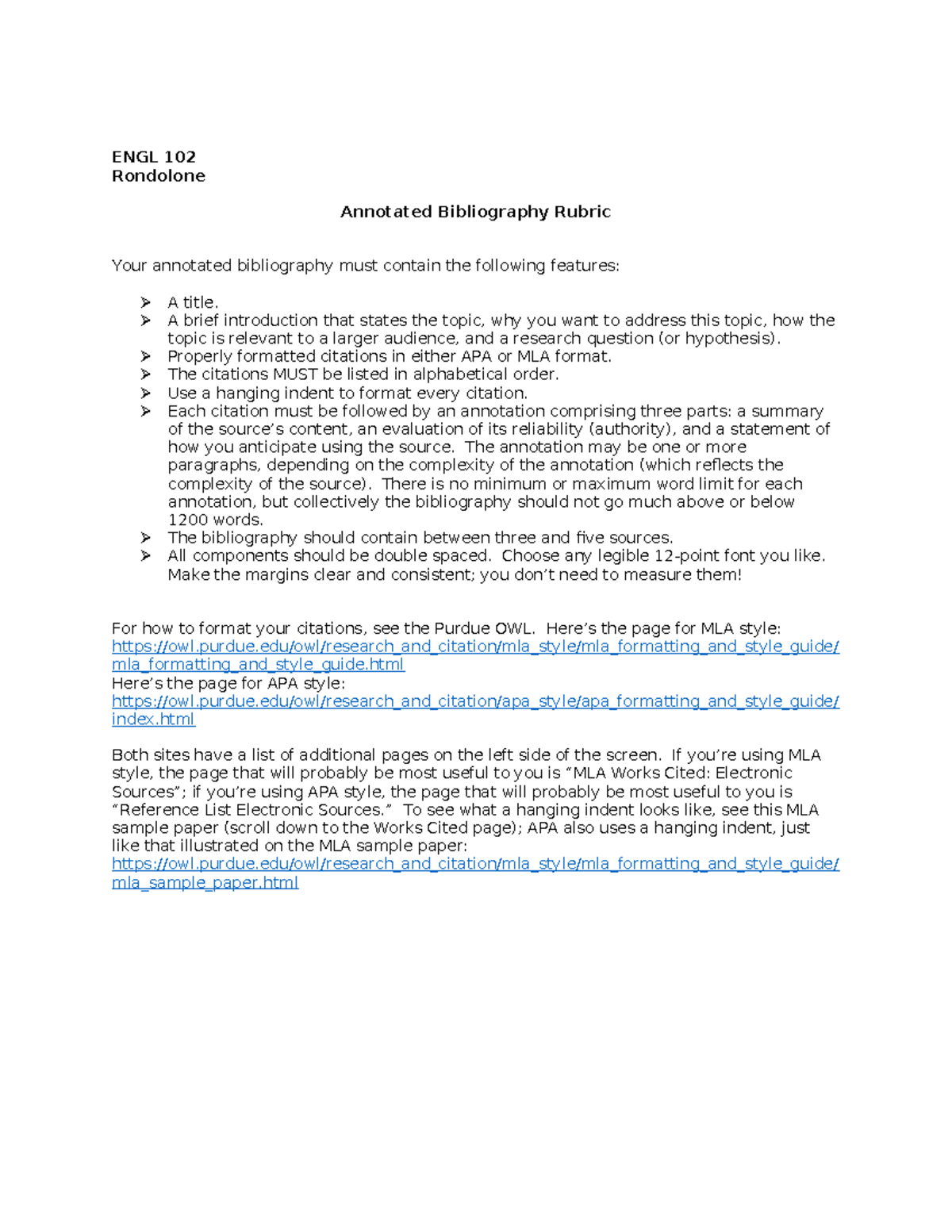 Annotated Bibliography Rubric - ENGL 102 Rondolone Annotated ...