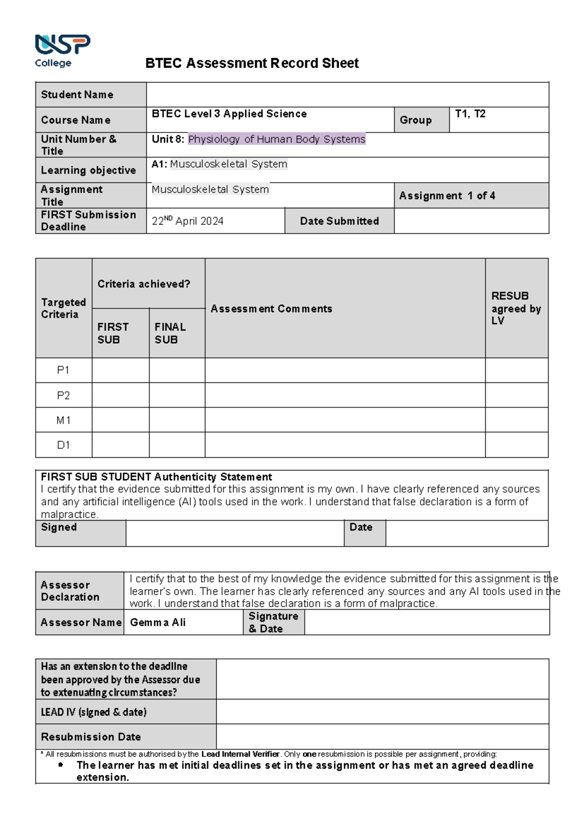 Assignment front sheet U8 LAA1 Musculoskeletal - BTEC Assessment Record ...