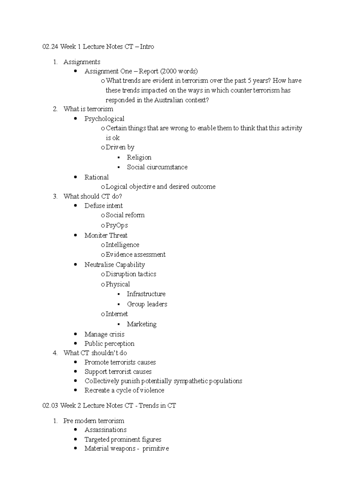 Lecture notes, lectures 1-12 - Counter terrorism - 02 Week 1 Lecture ...