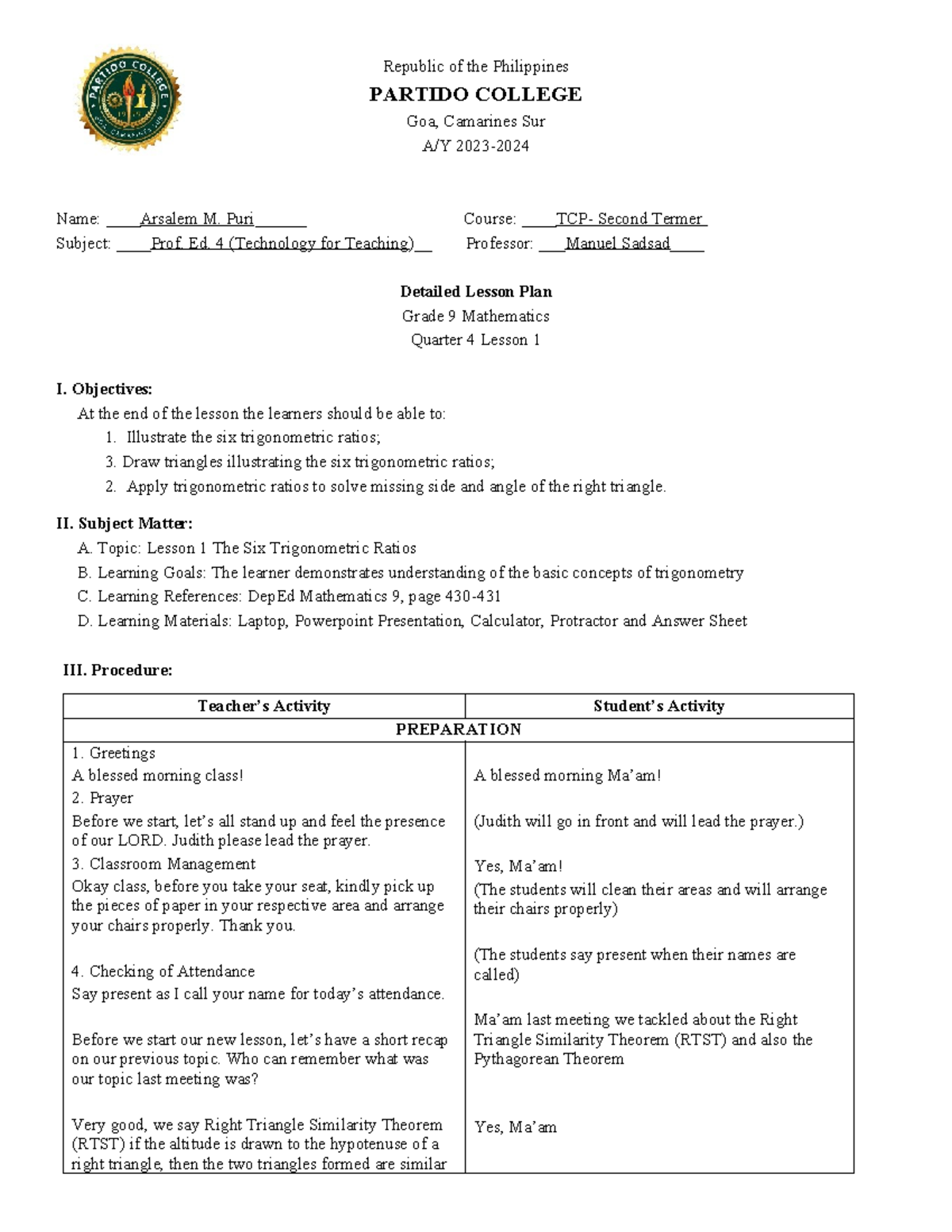 DLP - Republic of the Philippines PARTIDO COLLEGE Goa, Camarines Sur A ...