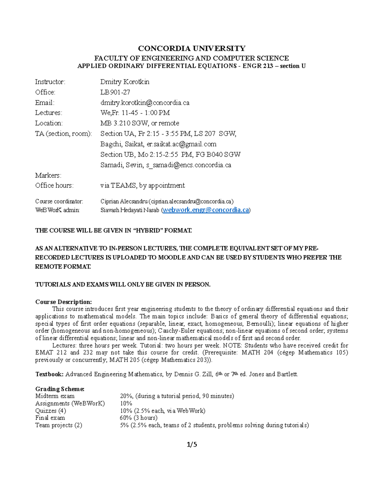 Engr 213 U Outline Concordia University Faculty Of Engineering And