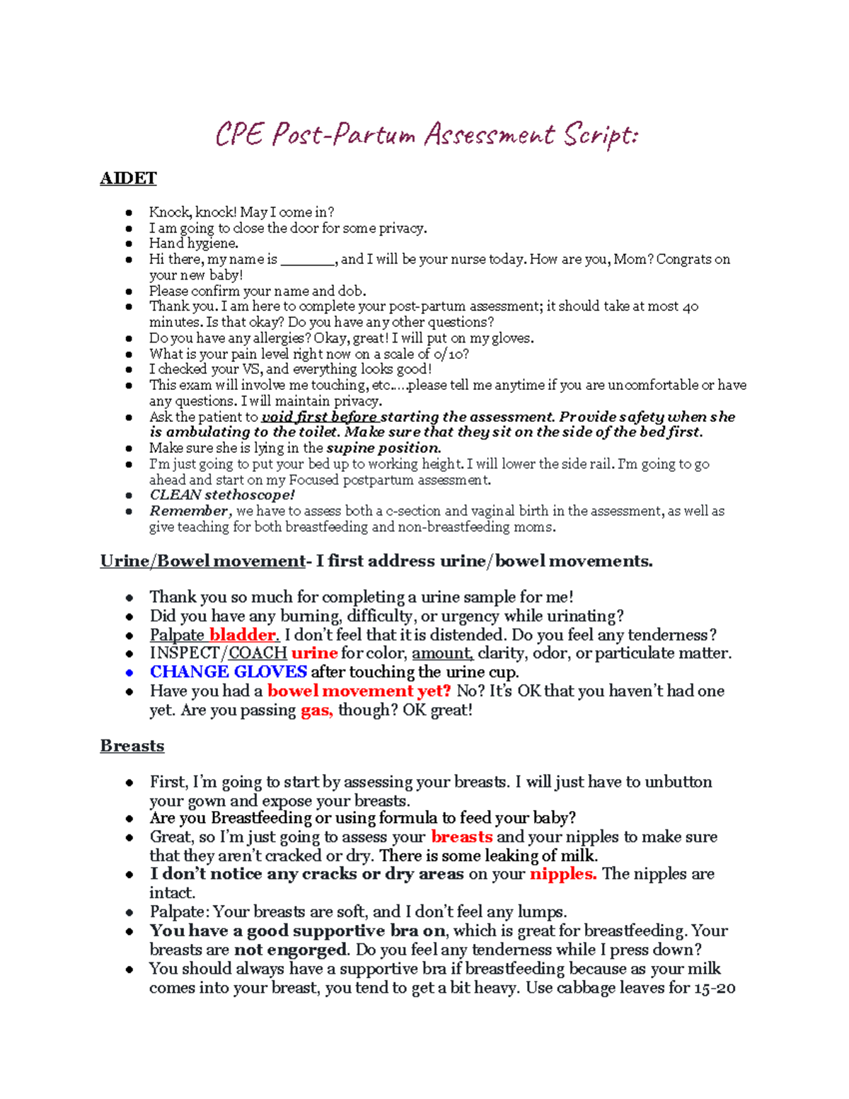 ☆CPE Postpartum & Newborn Assessment☆ - CPE Post-Partum Assessment ...