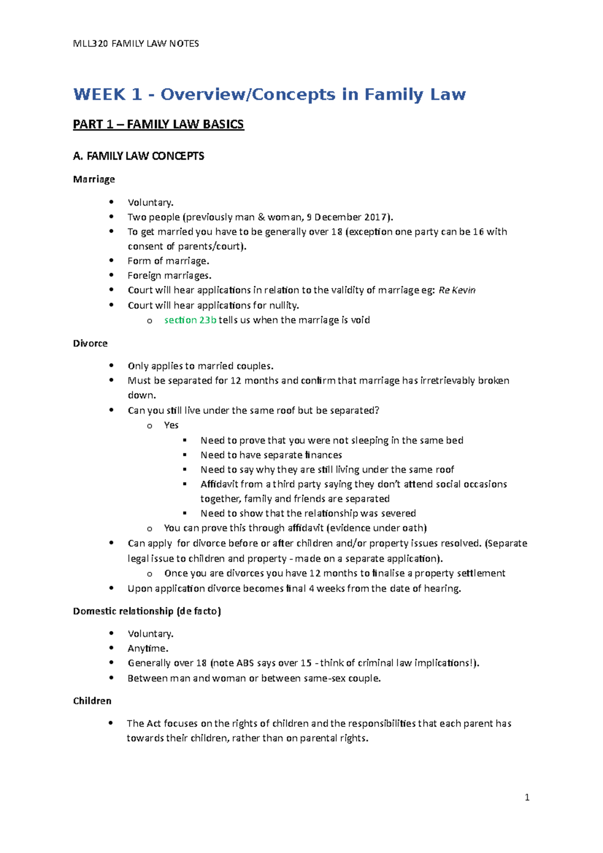 MLL320 Family Law Notes - WEEK 1 - Overview/Concepts in Family Law PART ...