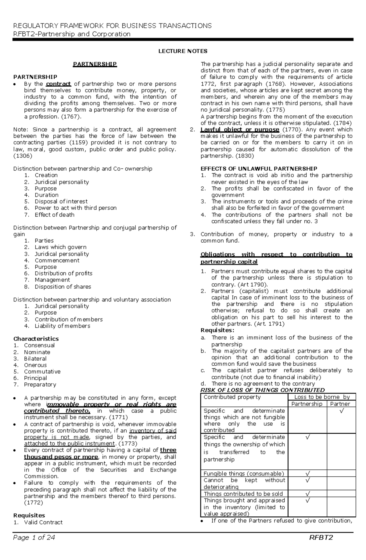 RFBT2 Pacolo Lecture Notes - RFBT2-Partnership and Corporation LECTURE ...